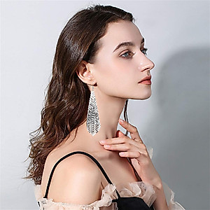 GIMEFIVE Gold Sequin Earrings Lightweight Metal Mesh Grid Tassel Drop Dangle Earrings Long Hook Earrings Women (Silver)