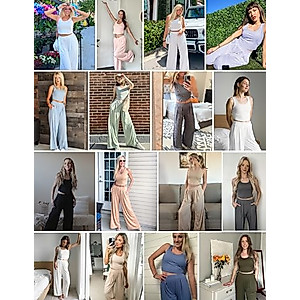 Ekouaer Women's Pajamas 2 Piece Lounge Set Ribbed Knit Loungewear Sleeveless Tank Top Wide Leg Pants,Light Green,S