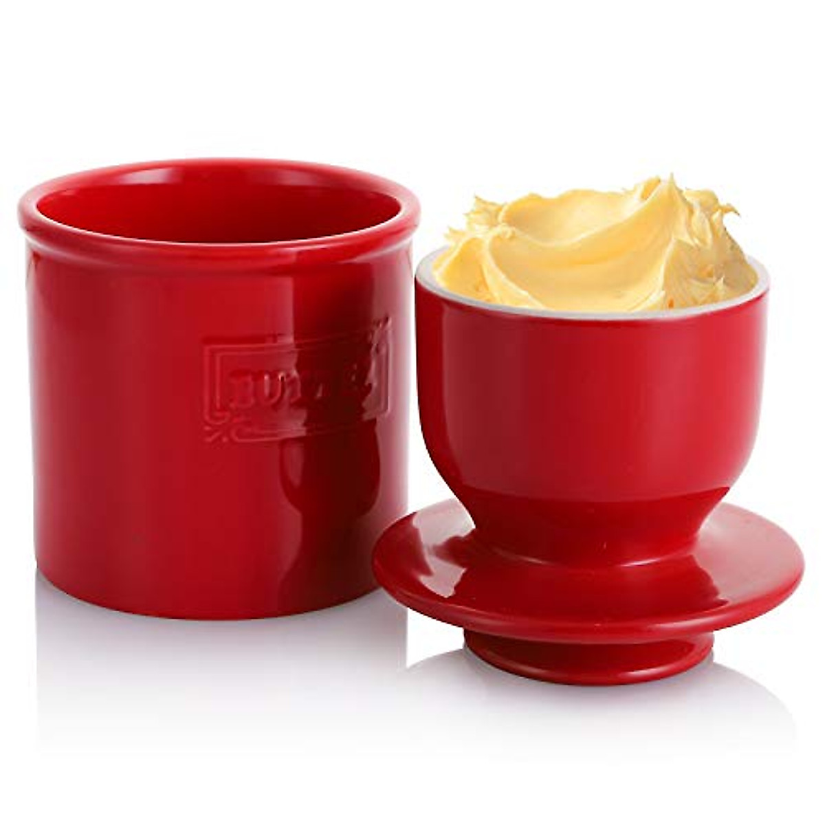 AVLA 2 Pack Ceramic Butter Crock, French Butter Dish with Water Line, Butter Keeper Butter Container for Countertop, Big Capacity, Red