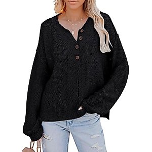 LILLUSORY Womens Black Tops V Neck Pullover Sweaters 2023 Fall Long Sleeve Waffle Knit Tunic Sweater Button Casual Henley Shirts