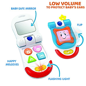 Baby Toy Flip Phone – 4 Interactive Sound and Music Buttons Plus Realistic Ringtone – Includes a Mirror and Fun Light Effects – Smartphone Toy for Babies 3+ Months – ASTM Certified