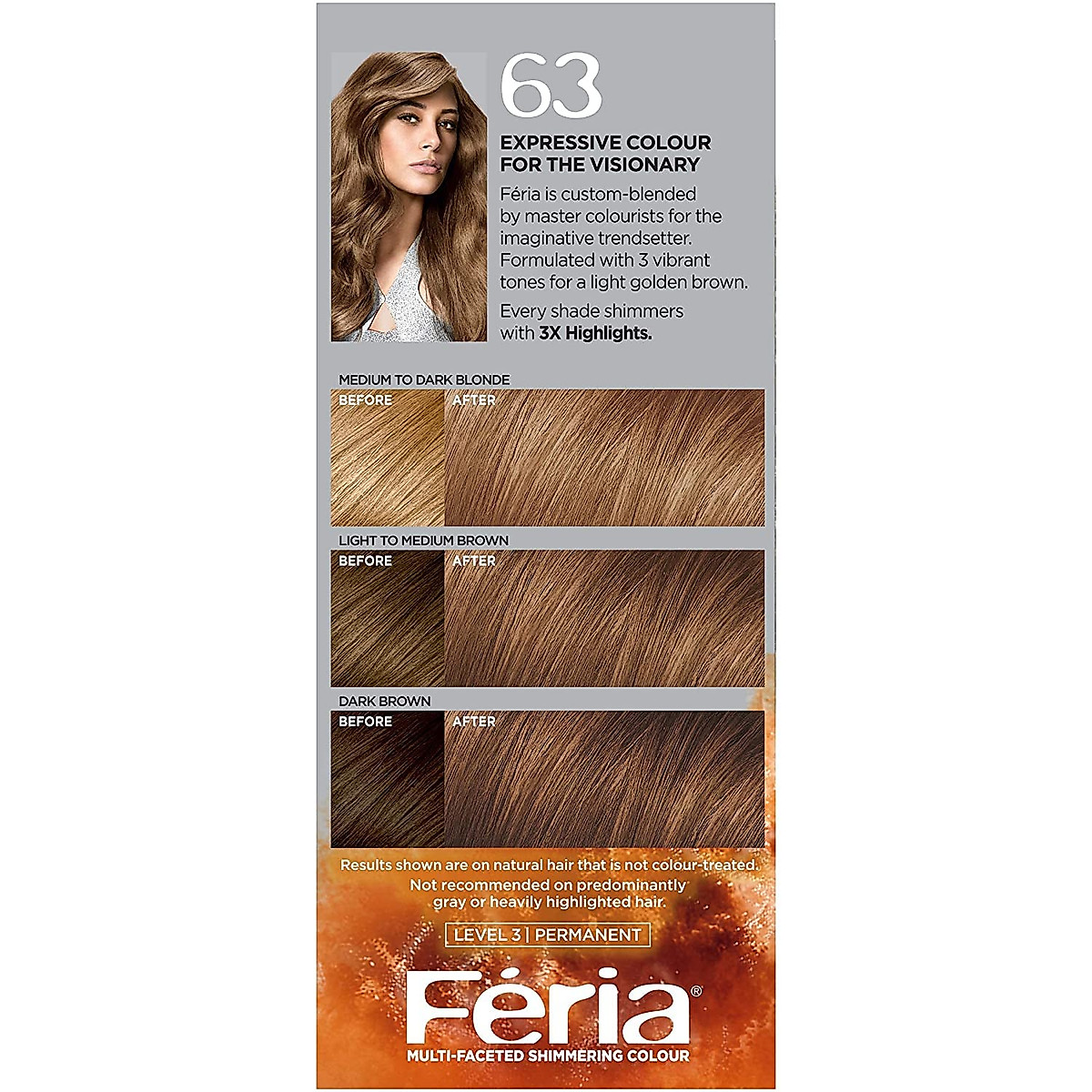 L’Oréal Paris Feria Multi-Faceted Shimmering Permanent Hair Color, 63 Sparkling Amber, Hair Dye Kit, Pack of 2