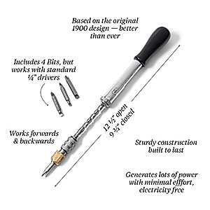 Kings County Tools Yankee Style Screwdriver | 7 Double-Sided Bits Included | Rotating Barrel with Hex Chuck | 3-Position Selector - Locked, Spiral-In and Spiral-Out | Easy on Hands