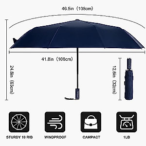 DOFOWOT Folding Umbrella UPF 50+ UV,Windproof umbrellas 10 Ribs Fibreglass, Travel Compact Umbrella UV Protection, Automatic Open & Close Umbrella for Men Women (Royal blue, 10 Ribs)