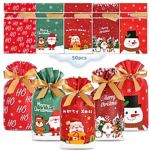 Shintop Christmas Treat Bags Drawstring, 50PCS Plastic Holiday Goodie Bags 5.8x9inch Reusable Gift Pouches for Party Favors Sweets Cookies