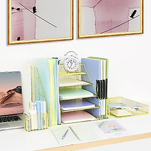 Spacrea 5-Tier Paper Letter Tray Organizer with File Holder - Office Desk Accessories & Workspace Organizers with Drawer and Pen Holder, Cute Desk Organizer for Office Supplies (Gold)