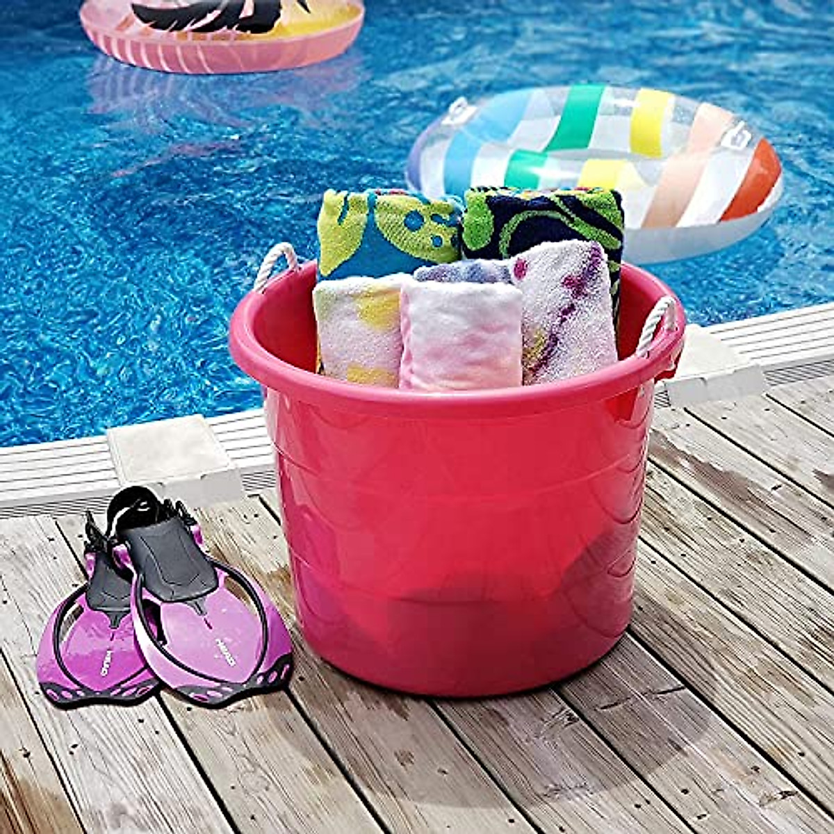 Homz 0402PKDC Stackable Plastic 18 Gallon Utility Storage Container Bucket Tubs with Rope Handles, Pink, Set of 2 Buckets
