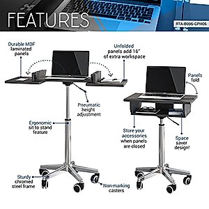 Techni Mobili RTA-B006-GPH06 Folding Cart with Storage, Laptop Stand with Height Adjustable, Non Marking Caster Wheels, Graphite