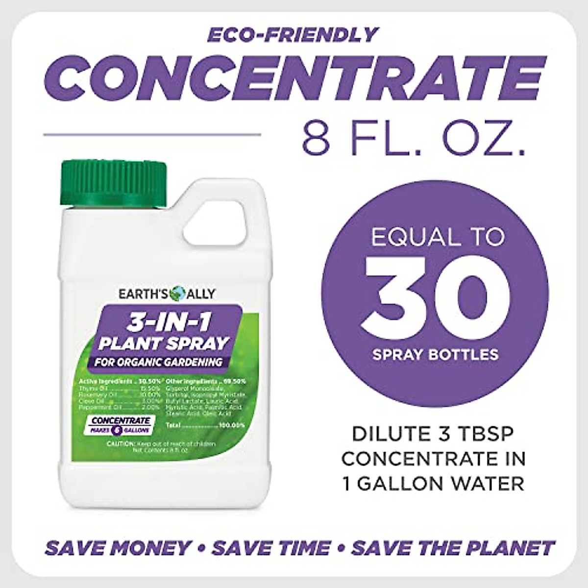Earth's Ally 3-in-1 Plant Spray 8 oz Conc. Makes 6 gal | Better Than Neem Oil | Insecticide, Fungicide & Spider Mite Control for Organic Gardening, Pest Repellent for Indoor & Outdoor Gardening