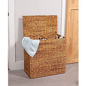 BirdRock Home Water Hyacinth Laundry Hamper Divided Interior (Natural) - Eco Friendly - Made of Hand Woven Hyacinth Fibers - Includes Two Removable Cotton Liners Bag - Wicker Laundry Basket with Lid