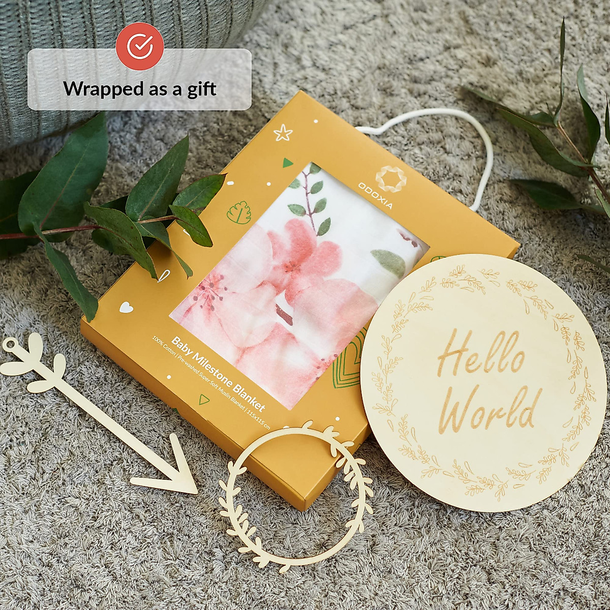 Baby Milestone Blanket | Cotton Muslin Swaddle Blanket | Monthly Photo Mat for Newborn Girl | Cherry Blossom Flowers| Personalised Baby Shower Present for New Mums | Age Mat | Includes Wooden Frames