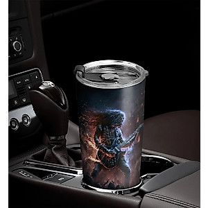 20oz Metal Rock Skull Reaper Electric Guitar Tumbler, Guitarist, Musician Gifts, Coffee Thermos for Men, Stainless Steel Double Wall Vacuum Insulated Coffee Mug, Travel Cup with Lid