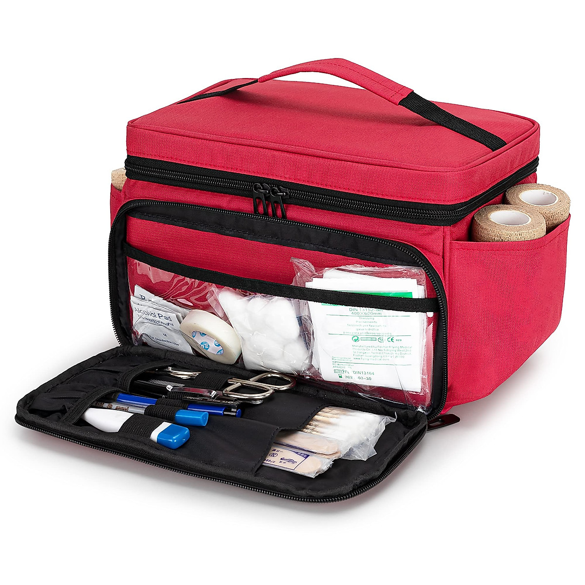 CURMIO Small Medicine Storage Bag Empty, Family First Aid Box, Pill Bottle Organizer for Emergency Medical Supplies, Red (Bag Only, Patent Pending)