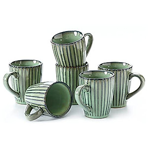 LAUCHUH Coffee Mug Set, Porcelain Fluted Mug 12 Oz Coffee Mugs with Large Handle for Coffee, Tea, Milk, Cocoa, Cereal, Father Day Gifts, Green Framhouse Style for Christmas, Set of 6