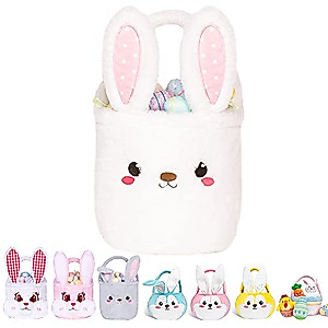 Bunny Easter Basket for Kids, Cute Plush Empty Bucket with Foldable Ears and Handle Egg Hunt Tote Candy Bag Basket for Boy Girl Teens Gift, Easter Basket Decor White 9×9 Inch