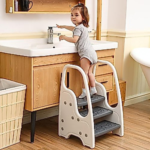 3 Step Stool for Toddler,Kids Three Step Stool for Bathroom Sink or Kitchen Counter Standing Tower, Children Step Up Learning Helper with Safety Handles and Non-Slip Pads,Grey