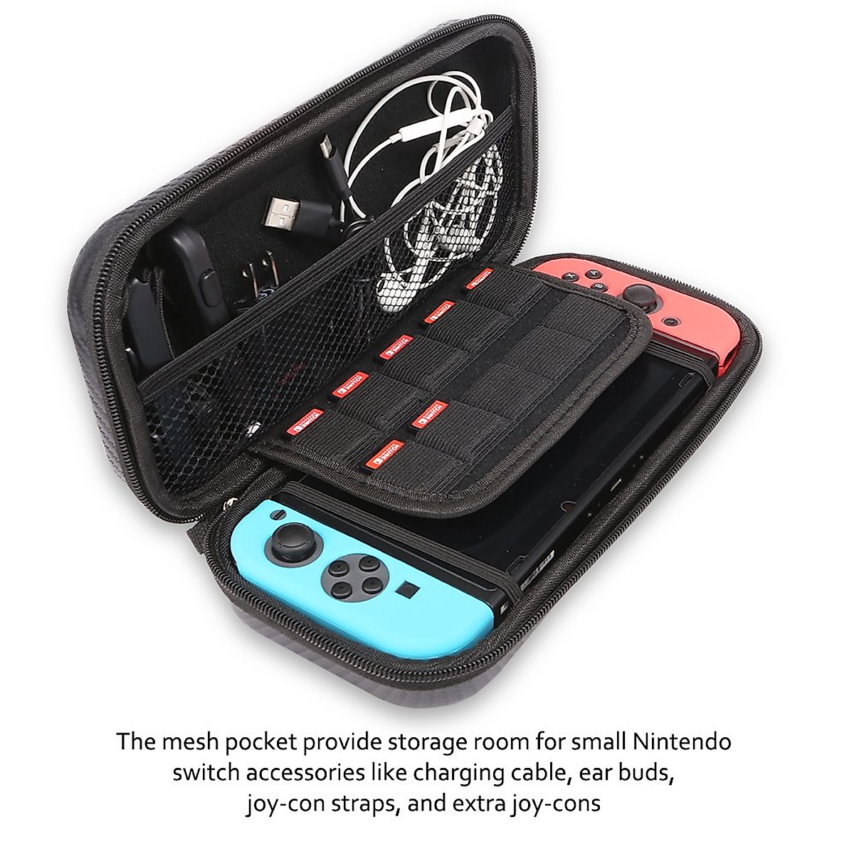 TJS Case for Nintendo Switch with [2 Pack Tempered Glass Screen Protector] Carbon Fiber Texture Hard Travel Carrying Case Shell Carry Pouch - Blue