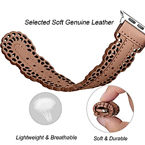 Secbolt Leather Bands Compatible with Apple Watch Band 38mm 40mm 41mm iWatch SE Series 9 8 7 6 5 4 3 2 1, Breathable Chic Lace Leather Strap for Women, Brown