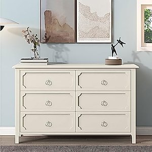 LVTFCO 6-Drawer Dresser Rubber Wooden Top Dresser Wide Bedroom Dresser and Silver Metal Handles, Chest of Drawers for Bedroom, Hallway, Nursery, Entryway, 53" L x 1 6.9" W x 32.1" H (6 Drawers)