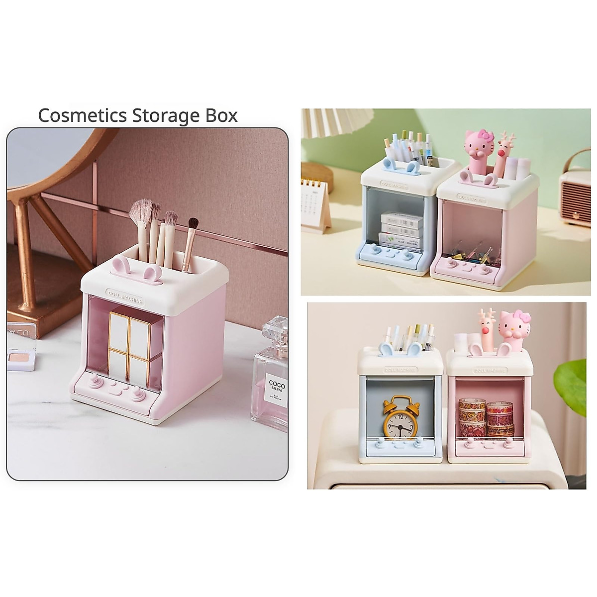 Cosmetics Storage Box with Kawaii Stickers Makeup Organizer Bunny Pen Holder Cute Rabbit Ears Aesthetic Pencil Case (Blue+Random Pattern Stickersv)