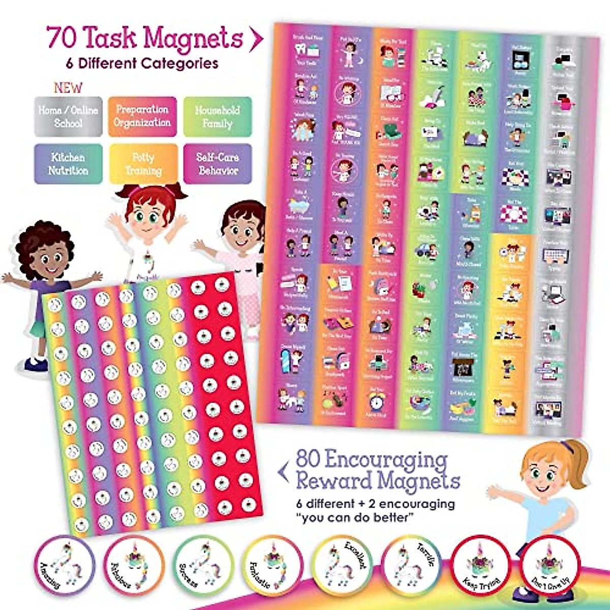 Unicorn Chart to Success| Magnetic Dry Erase| Daily Routine Responsibility Chore Chart for Kids| 80 Reward Tiles| 70 Tasks, Including Behavior and Self-Care| Fun Design for Girls| Raising a Star