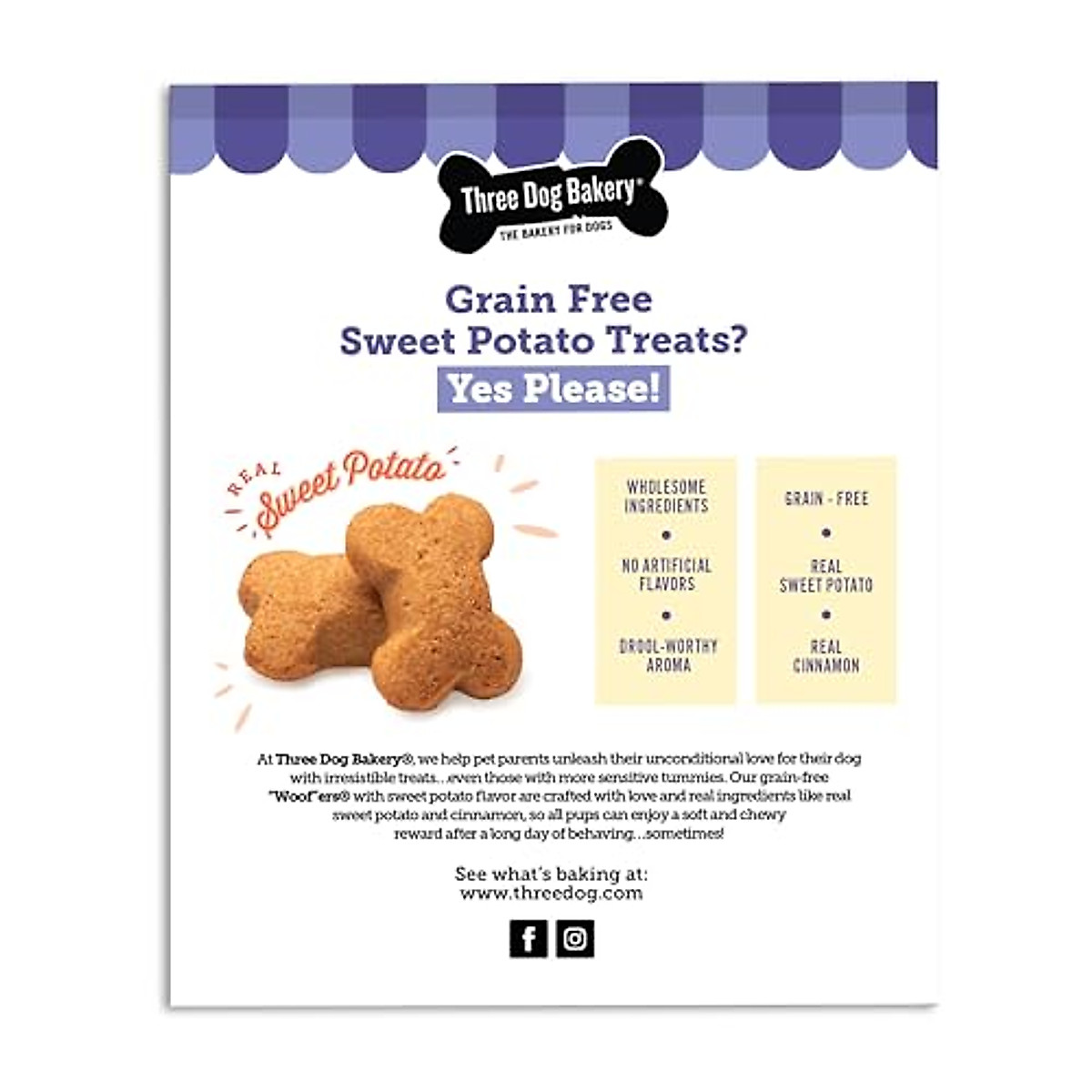 Three Dog Bakery Grain Free Wafers Baked Dog Treats, Sweet Potato, 13 oz