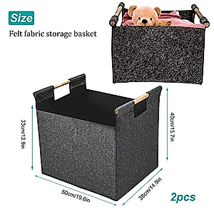 2 Pack Collapsible Felt Storage Bins,20"x16"x15" Black Storage Basket, Linen Fabric with Wooden Carry Handles for Clothes, Shoe, Book, Magazine, Wood（Large Size）