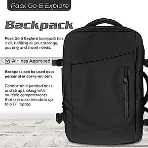 PACK GO & EXPLORE Travel Backpack, Personal Item Bag for Airlines, Travel Backpack for Women, Carry On Backpack, Laptop Backpack, Travel Backpack for Men, 18x14x8 inches Travel Bag (Black)