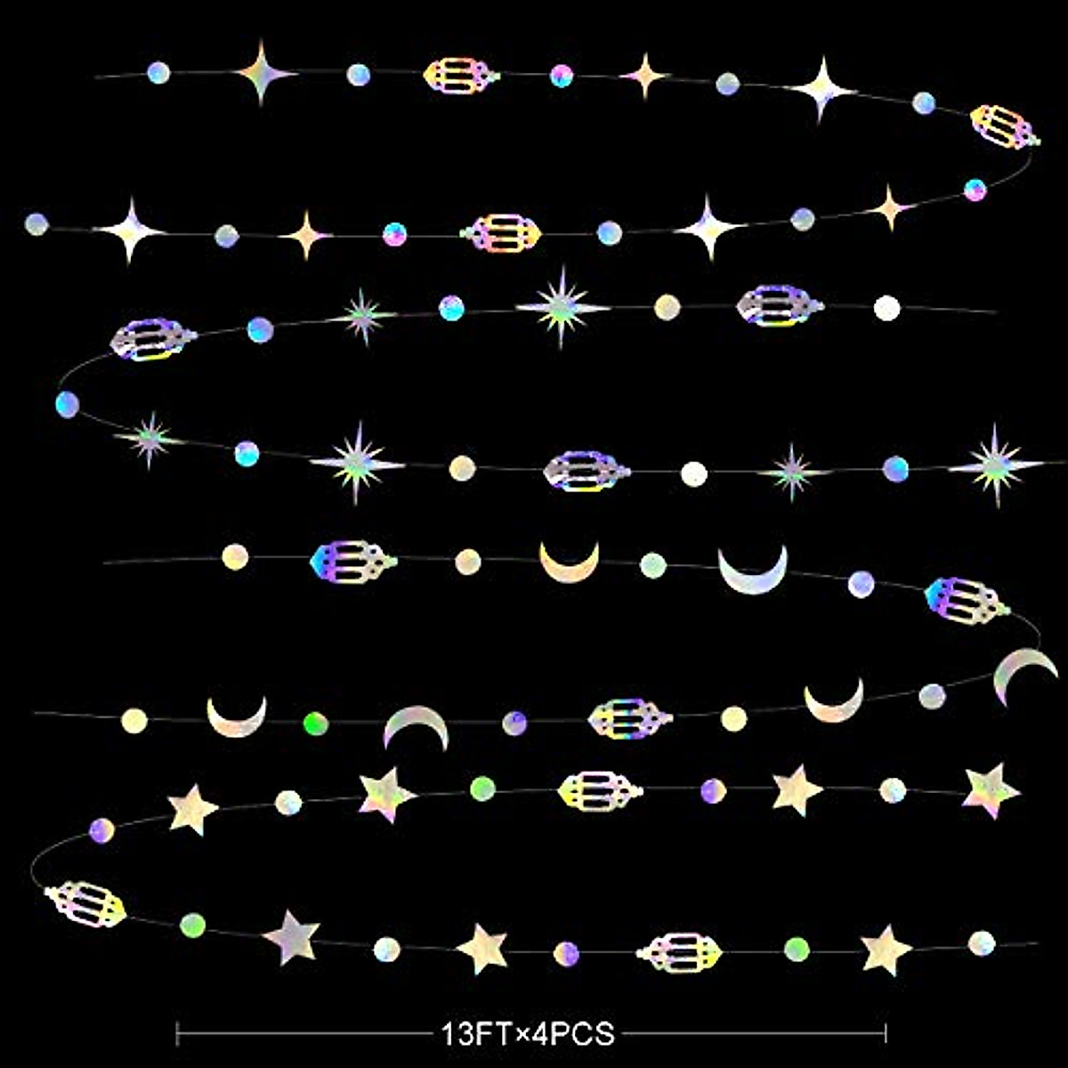 Iridescent Eid Mubarak Ramadan Decorations Hanging Rainbow Star Moon Circle Dot Crescent Lamp Garland Streamer Banner Backdrop Decorations for Happy Ramadan Muslim Islam Birthday Wedding Party