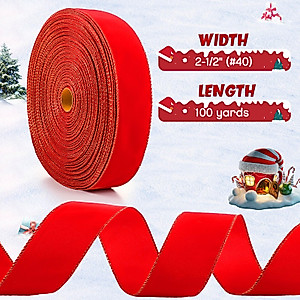 Lyrow 2 Pack Wired Traditional Red Velvet 2.5 inch Christmas Ribbon Waterproof Ribbon with Wire Edge 2 1/2" Wide 100 Yards Roll Holiday Floral Craft Winter Decor Outdoor Xmas Tree Bow (Red, Gold)