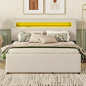 HABUHOME Queen Size Upholstered Platform Bed with 2 Storage Drawers and Twin Trundle, LED Lights and USB Charging, Linen Queen Bed Frame with Headboard and Wood Slat Support,Beige