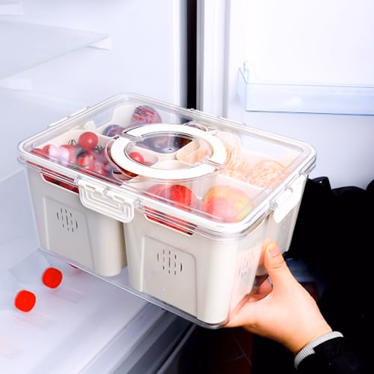 PYQTH Fruit Storage Containers for Fridge, Portable Divided Food Storage Containers with Lid and Handle, BPA-Free Saver Refrigerator Food Organizer Bins with 1 Brush for Veggies Fruit, 4 Compartments