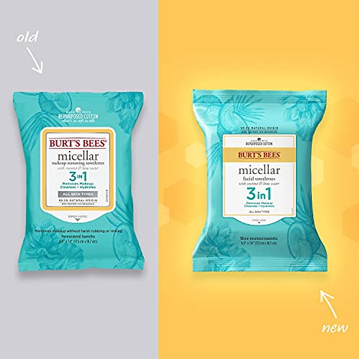 Burt's Bees, 3 in Facial Cleanser Towelettes and Makeup Remover Wipes and Made Repurposed Cotton, Micellar with Coconut & Lotus Water, 30 Count (Pack of 2)