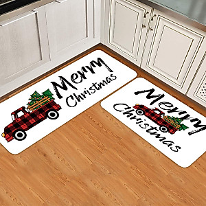 Christmas Kitchen Rug Set 2 Pieces White Cushioned Kitchen Floor Mats Comfort Soft Standing Doormat, Non Slip Kitchen Rugs and Runner Merry Christmas Tree Red and Black Check Lattice Truck