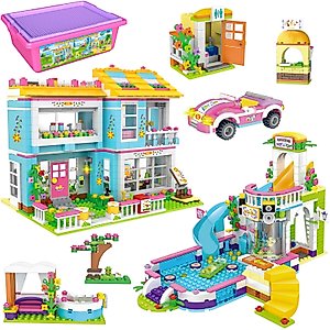 EP EXERCISE N PLAY Friends House Swimming Pool Water Park Building Kit with Storage Box, Creative Roleplay Building Blocks Toy Birthday Gifts for Kids Girls Aged 6-12 (1736 Pieces)