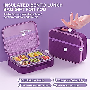 Lunch Box Stainless Steel Bento Box with Lunch Bag & Fork, Leakproof Bento Lunch Box for Adults Kids Bento-Style School Lunch Box 5 Compartments Lunch Containers, BPA-Free, Dishwasher Safe (Purple)