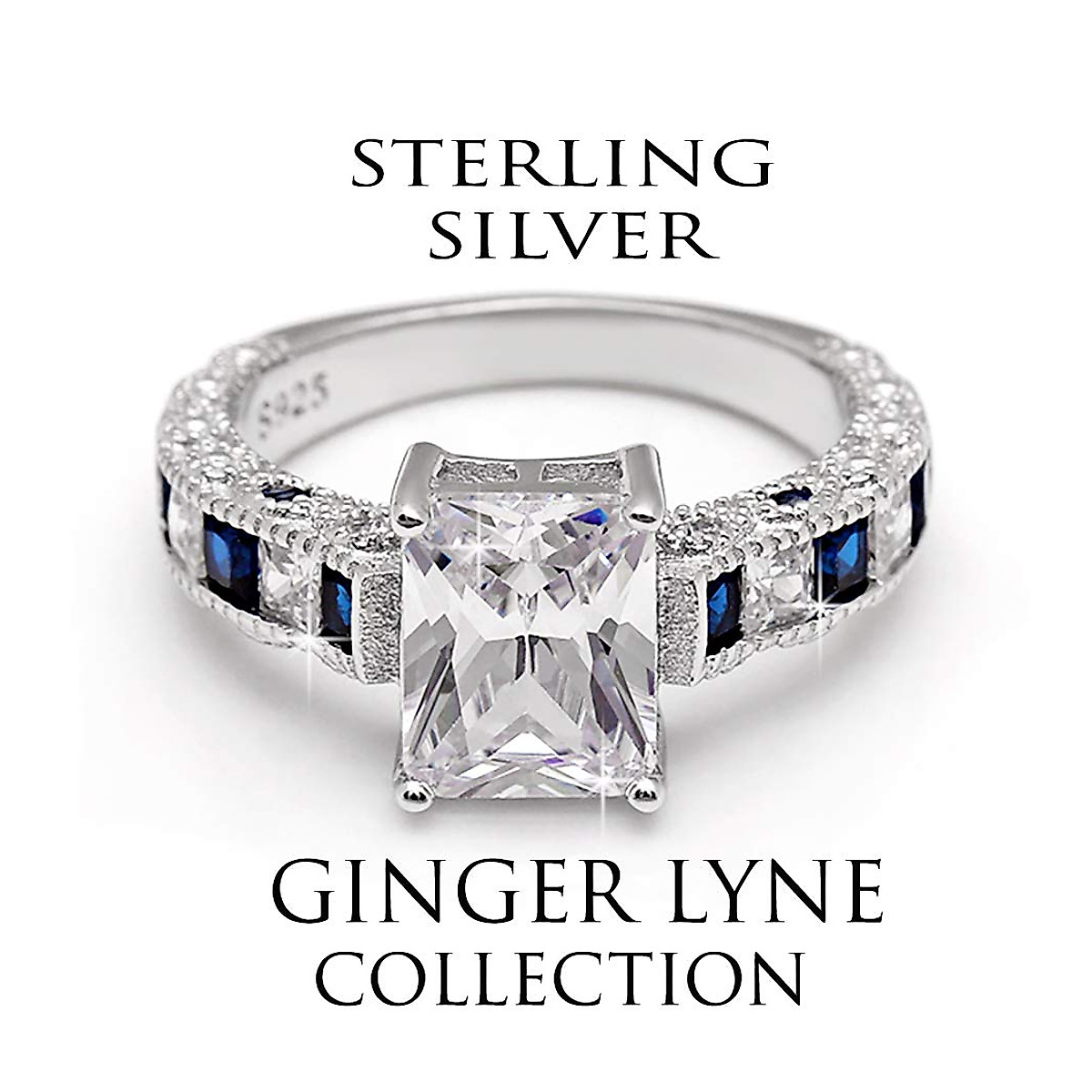 Ginger Lyne Collection Katharina Sterling Silver 2.5CT Emerald cut with Blue Accent CZ Engagement Wedding Bridal Ring Size 9