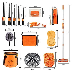 PXVDYQ 19pcs Car Wash Kit,62" Car Wash Brush Mop with Long Handle,Car Cleaning Kit,Car Detailing Brush Set,Car Wash Bucket with Dirt Trap, Complete Car Cleaning Supplies,Orange