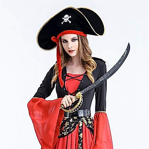 D-Fokes 2 Pieces Pirate Hat Skull Print Pirate Captain Costume Cap - Pirate Accessories Funny Party Hat for Caribbean Fancy Dress with Eye Patch