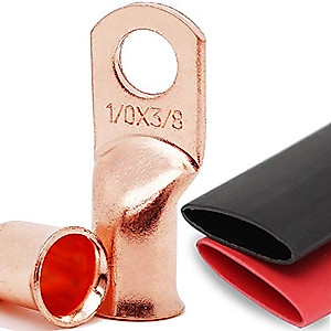 TKDMR 10pcs 1/0 AWG-3/8" Battery Lugs,Heavy Duty Wire Lugs,Ring Terminals,Battery Cable Ends,0 Guage terminals,Battery Terminal Connectors with 10pcs 3:1 Heat Shrink Tubing