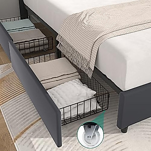 VECELO Queen Size Upholstered Bed Frame with 4 Drawers and Adjustable Headboard, Velvet Platform Storage Bedframe Mattress Foundation, Wooden Slats Support, No Box Spring Needed, Dark Grey