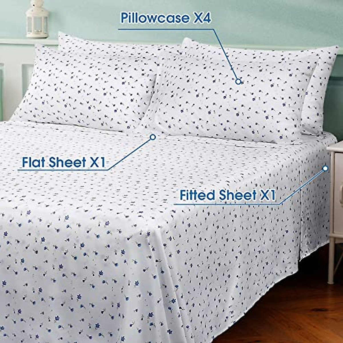 HOMEIDEAS 6 Piece Printed Full Size Bed Sheets, Extra Soft Brushed Microfiber 1800 Bedding Pattern Sheets, Deep Pocket, Wrinkle & Fade Free, Blue Floral