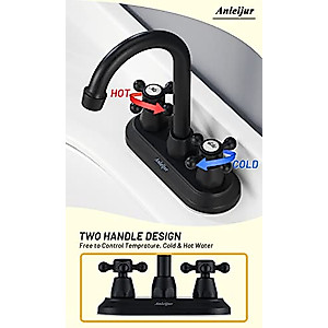 Anleijur Black Bathroom Faucet, Two Handle Bathroom Sink Faucet, 4 Inch Centerset Matte Black Bathroom Sink Faucet with Pop Up Drain, 360 Swivel Spout 2 or 3 Hole RV Bathroom