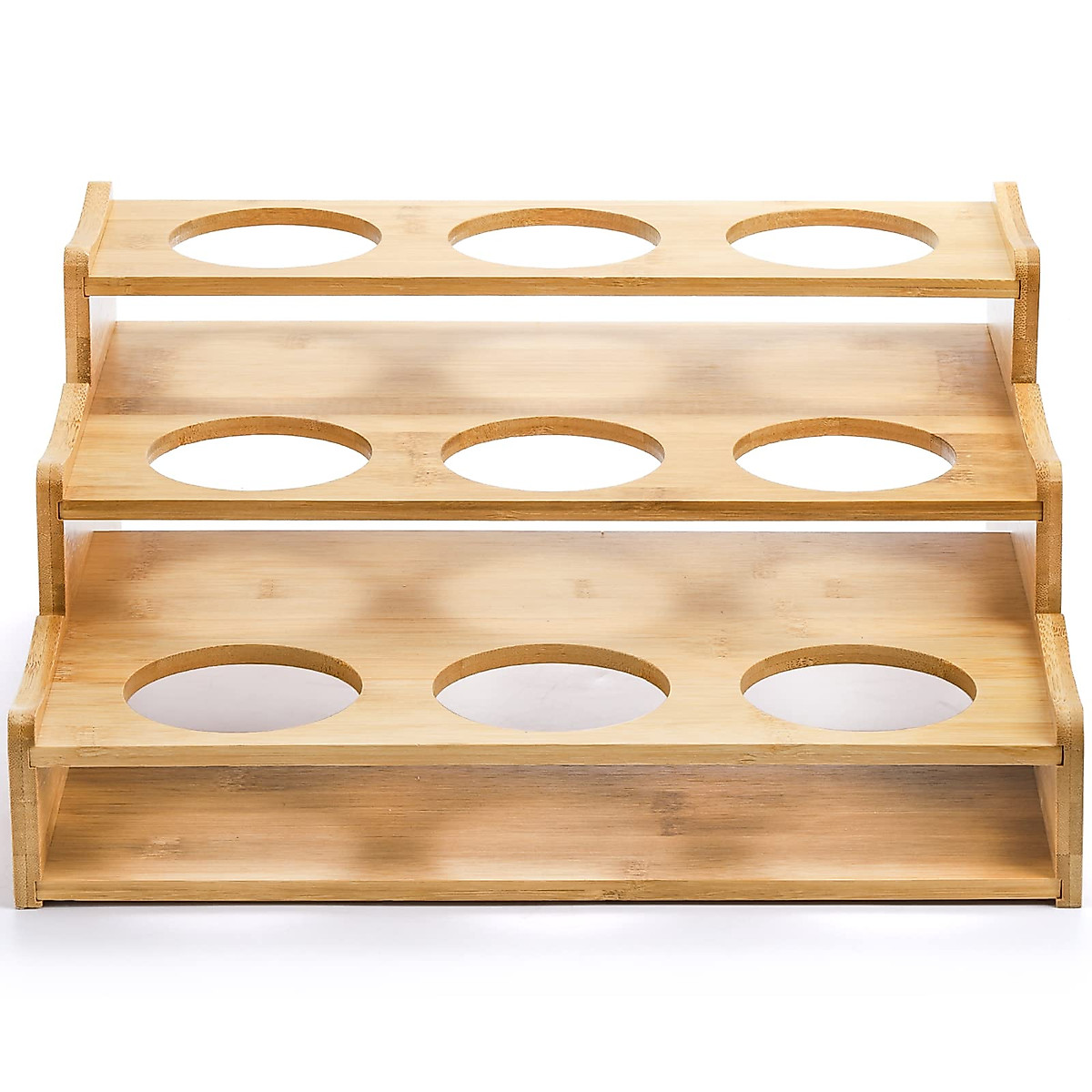 Bekith 3 Tier Bamboo Bottle Holder Stand, Tabletop Wine Display Riser 9 Bottles, Countertop Bottle Rack for Kitchen, Pantry, Bar, Cellar, Cabinet, Ideal Storage for Wine, Soda, Pop, Syrups and Beer