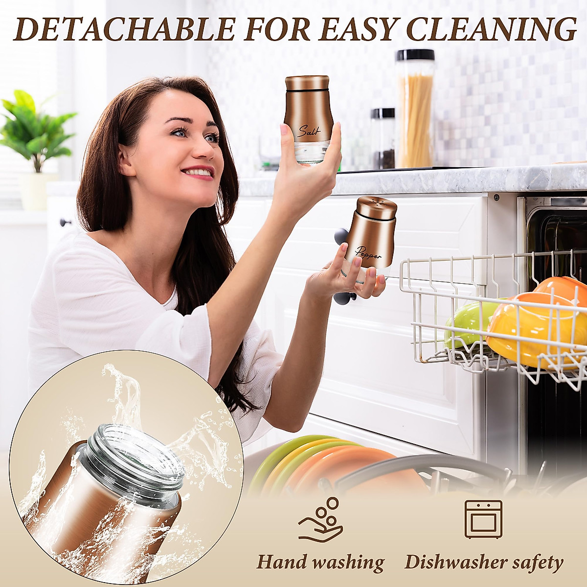 Copper Salt and Pepper Shakers Set, 5 oz Glass Bottom Salt Shaker with Stainless Steel Lid Modern Farmhouse Kitchen Decor and Accessories for Restaurant, Wedding, Housewarming Gifts (Copper)