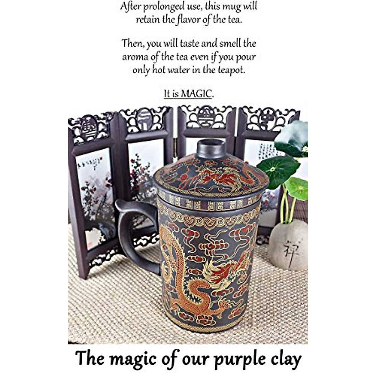 25DOL Chinese Tea Mug with Infuser and Lid 10Oz | Chinese Yixing Purple Clay Coffee Mug | Chinese Mug with Lid | Chinese Dragon Mug | Chinese Tea Infuser Mug | Travel Mug | Retain Heat very well