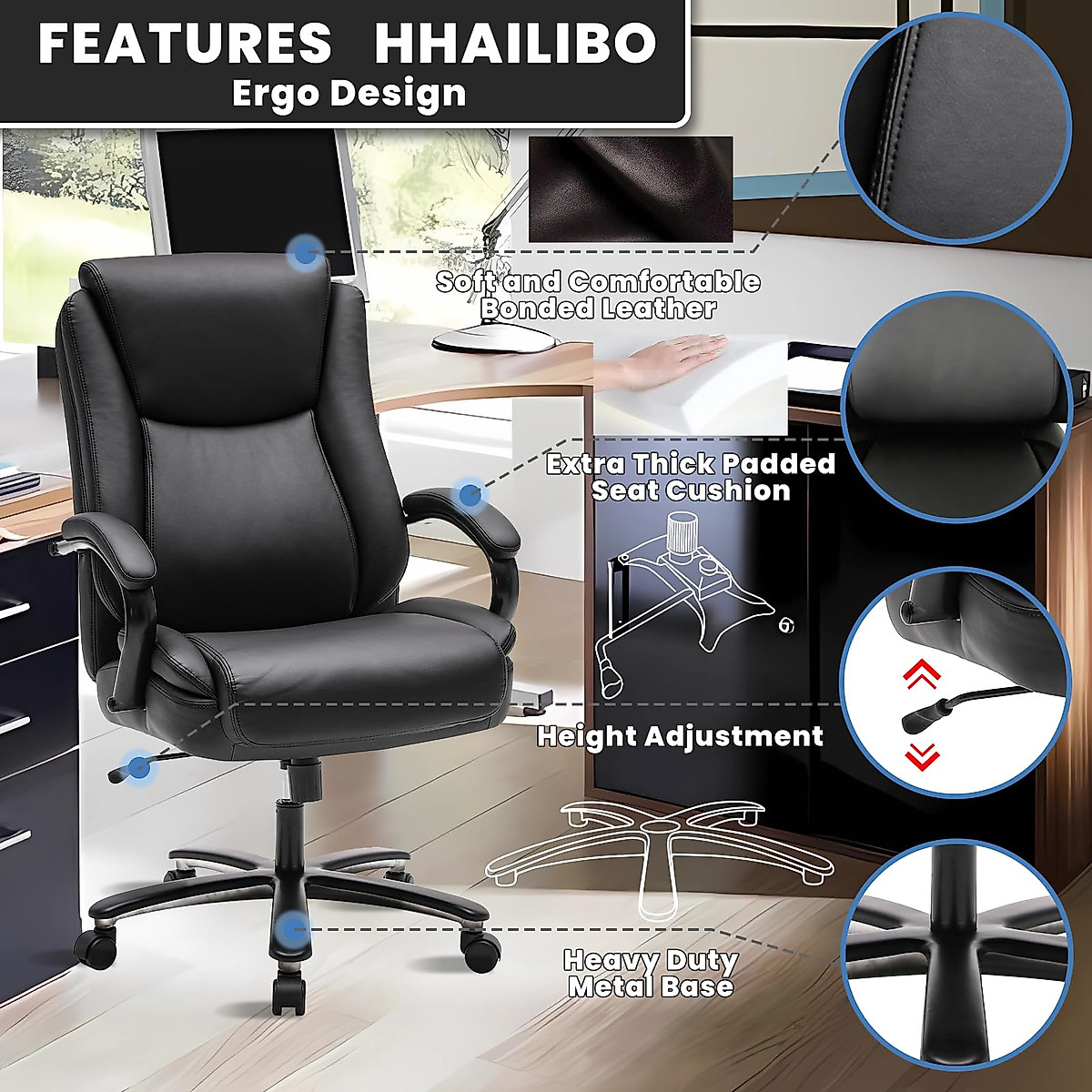 H HAILIBO Office Chair, High Back Big and Tall 400lbs Executive Desk Chair, Bonded Leather Ergonomic Computer Chair with Armrest, Adjustable Height and Swivel Wheels, Black