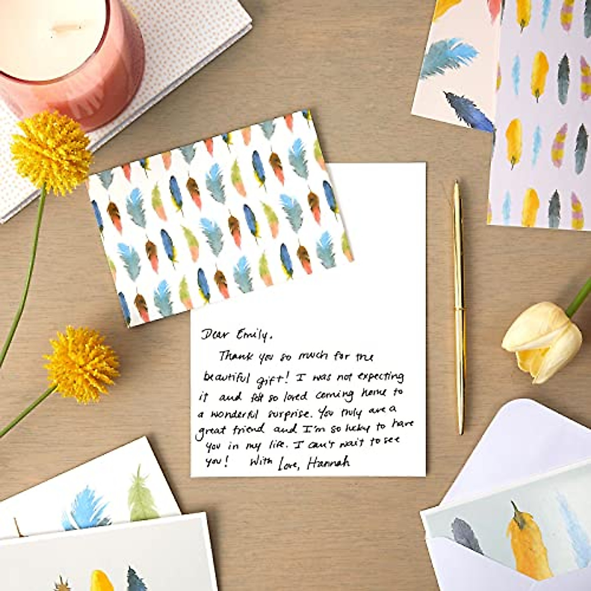 Blank Bird Greeting Stationary Cards with Envelopes, Watercolor Feather (4x6 In, 48 Pack)
