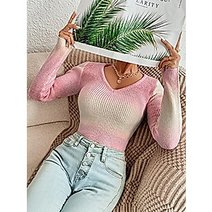 Floerns Women's Ombre Print Long Sleeve V Neck Rib Knit Pullovers Sweater Top Pink M