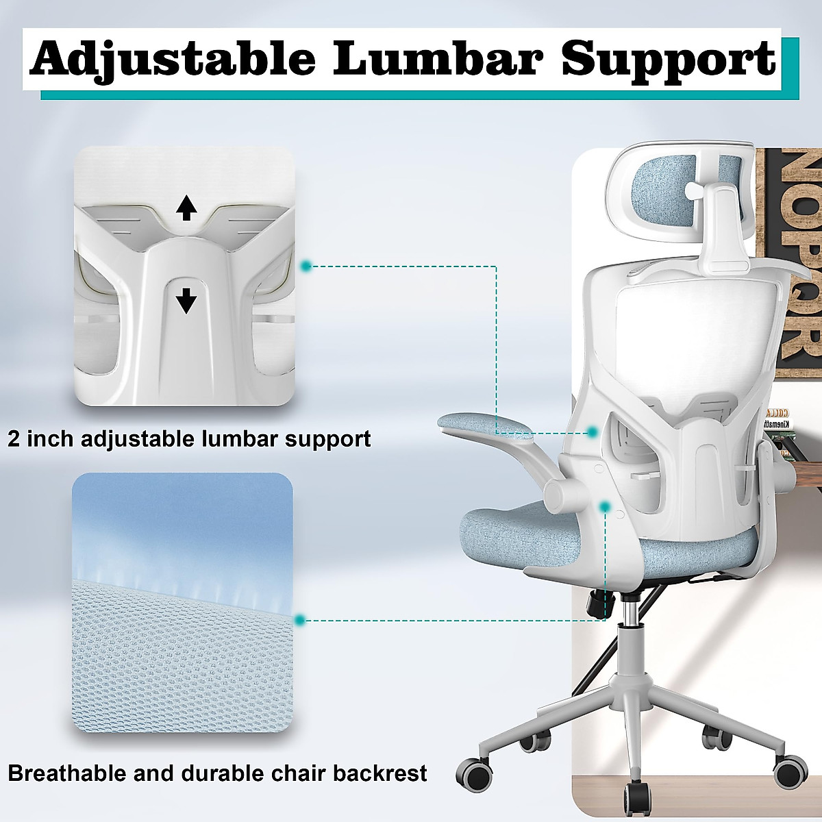 Ergonomic Office Chair, High Back Mesh Desk Chair with Thick Molded Foam Cushion, Coat Hanger, Adjustable Headrest, Lumbar Support, Tilt & Lock Function-Task Chair (Carolina Blue)